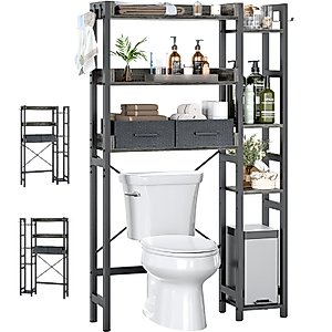 Over The Toilet Storage with 2 Drawers - 7 Tier Bathroom Organizer with Adjustable Shelf, Freestanding Space Saver Storage Rack Above Toilet Stand with 4 Hooks for, Restroom, Laundry, Grey Oak