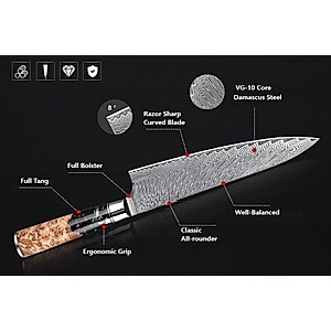 Seido Knives Gyuto Executive Chef Knife 8 inch Razor Blade Shard Traditional Japanese VG10 Damascus Steel - Stainless Steel Bolster, Resin Epoxy Black Handle