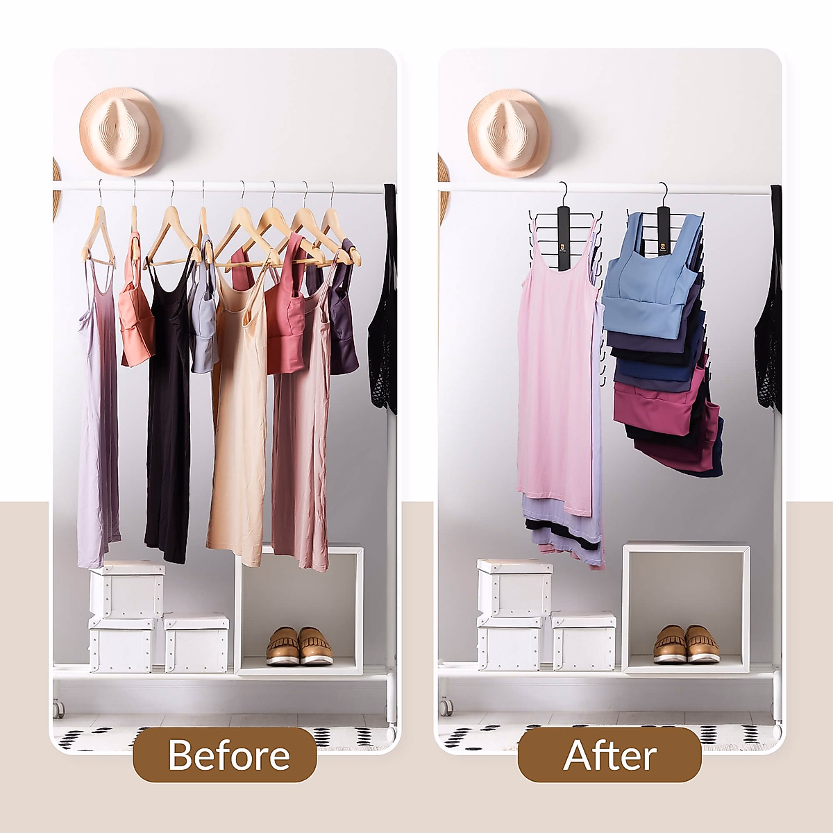 ZEDODIER Tank Top Hanger，2 Pack Wooden Bra Organizer for Closet, 12 Storage Capacity, Top 360° Rotation, Hanging Space Saving Hook for Tank Tops, Sport Bras, Camisoles, Lingeries, Black