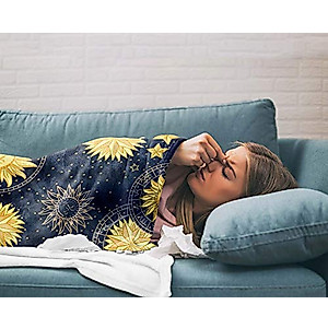 Flannel Fleece Throw Blankets, Boho Chic Golden Sun Moon and Stars Blue Black Sky Antique Style Decorative Blankets, Lightweight Super Soft Luxury Cozy Blanket for Stadium Couch Bed Sofa Chair