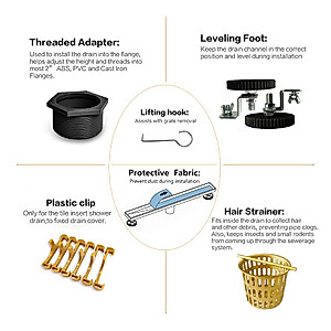 Neodrain 24-Inch Gold Linear Shower Drain, 2-in-1 Flat & Tile Insert Cover, Stainless Steel Linear Drain, Brushed Brass Rectangle Shower Floor Drain with Hair Strainer, Watermark&CUPC Certified