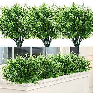 GREENRAIN 12 Bundles Artificial Flowers Outdoor Fake Flowers for Decoration UV Resistant No Fade Faux Plastic Plants Garden Porch Window Box Décor (Green)