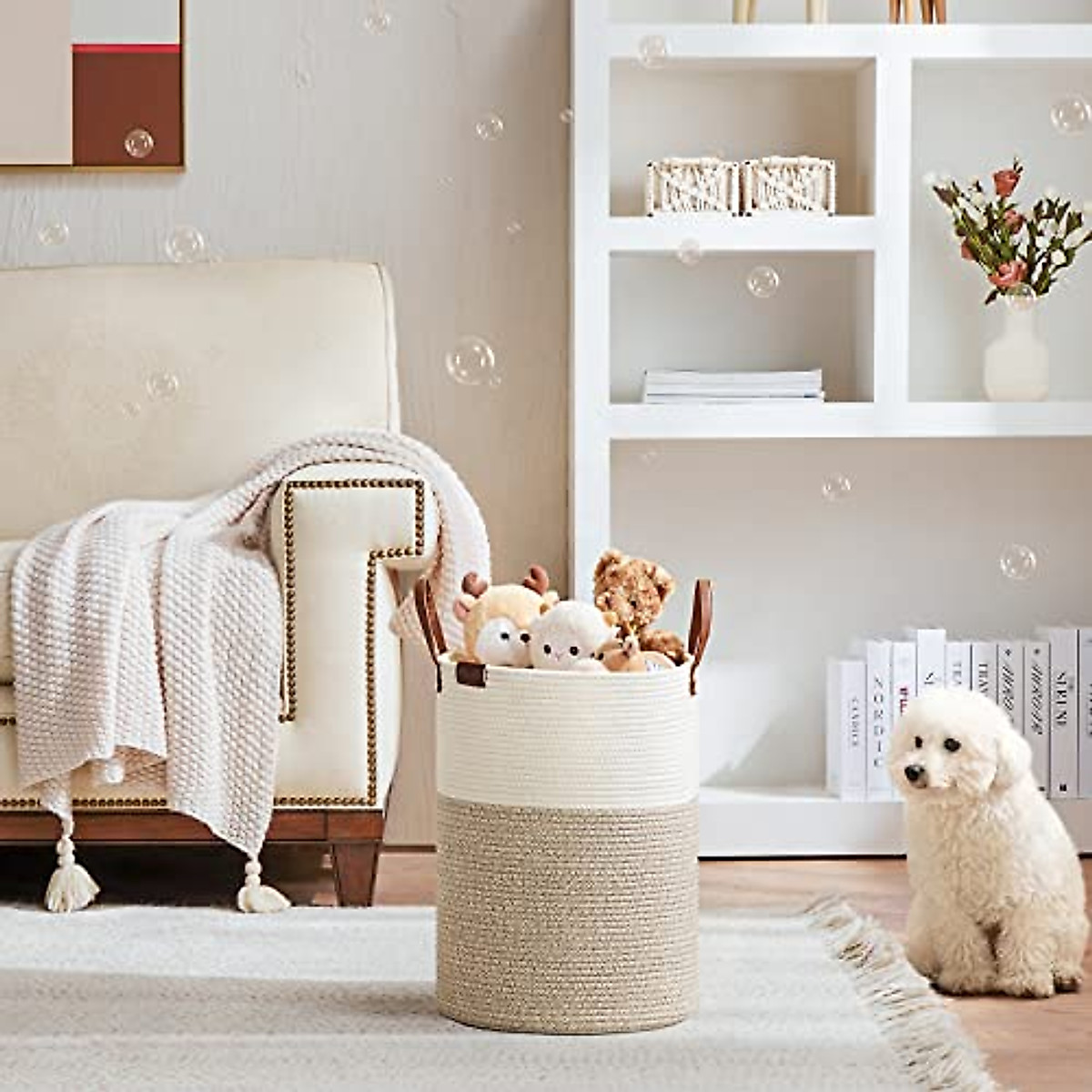 VIPOSCO Small Laundry Basket, Slim Baby Hamper with Leather Handle, Cute Woven Rope Storage Basket for Blanket, Kids Toy, Clothes In Living Room, Bathroom, Bedroom, Nursery Room - 30L White & Brown