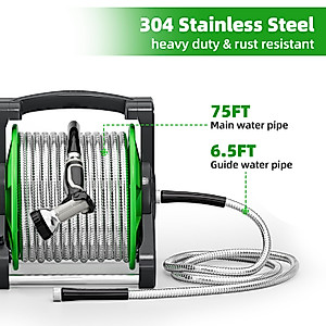 SPECILITE Wall Mount Garden Water Hose Reel with 75ft 304 Stainless Steel Metal Pipe and Nozzle for Outside, Yard, Patio,Space-Saving Design, Easy Storage, Green