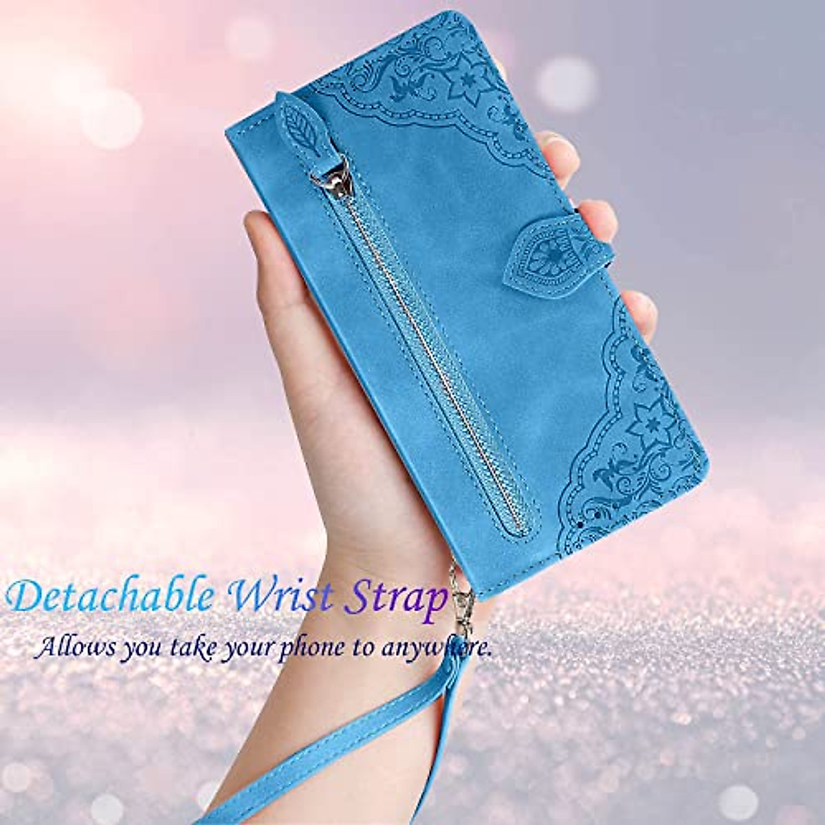 KRHGEIK for iPhone 13 Case for Women,Cute Wallet Case with Zipper Pocket Purse Flower Embossed PU Leather Card Slots Strap Wrist Strap Flip Folio Protective Phone Cover for iPhone 13 (Blue)