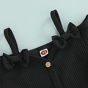 Xiaodriceee Newborn Baby Girl Summer Clothes Short Sleeve Ribbed Strao Romper Cow Bell Bottom Pants Headband 3Pcs Outfit (12-18 Months,Black)