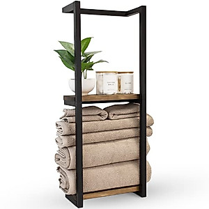 Stylish Bathroom Towel Storage Rack with Wooden Shelves – Modern & Space Saving Organizer for Wall Mount That Easily Holds 8 Large Towels - The Perfect Towel Holder to Enhance Your Bathroom Decor