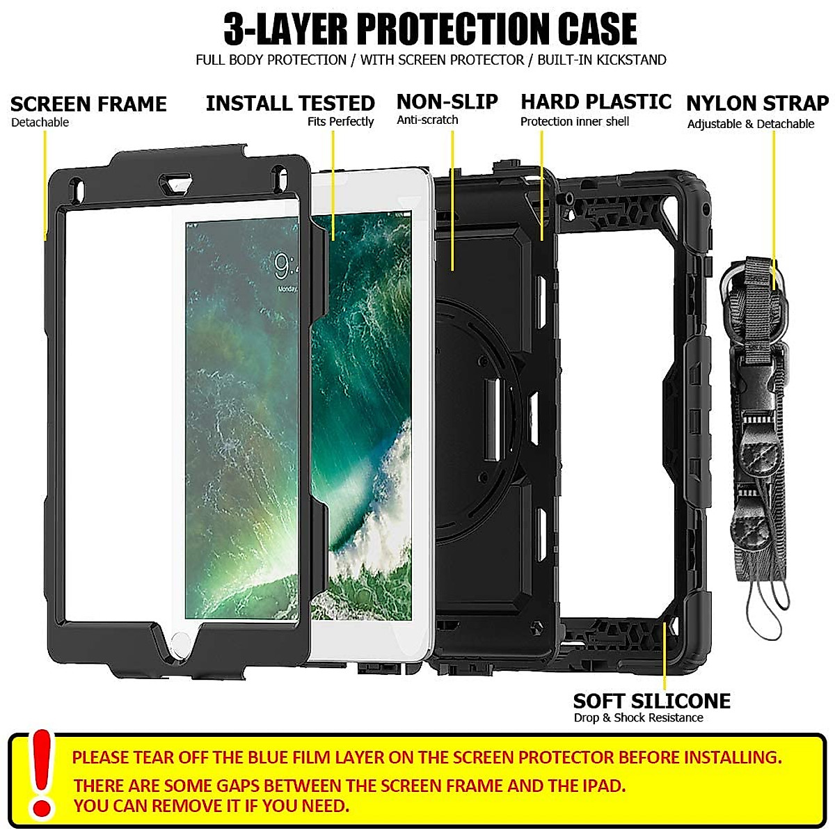 Herize iPad 6th/5th Generation Case 9.7 Inch with Screen Protector Pen Holder | iPad 9.7 Case for Kids | Heavy Duty Silicone Protective Cover W/Hand Shoulder Strap for iPad 9.7 /Air 2/ Pro 9.7 | Black