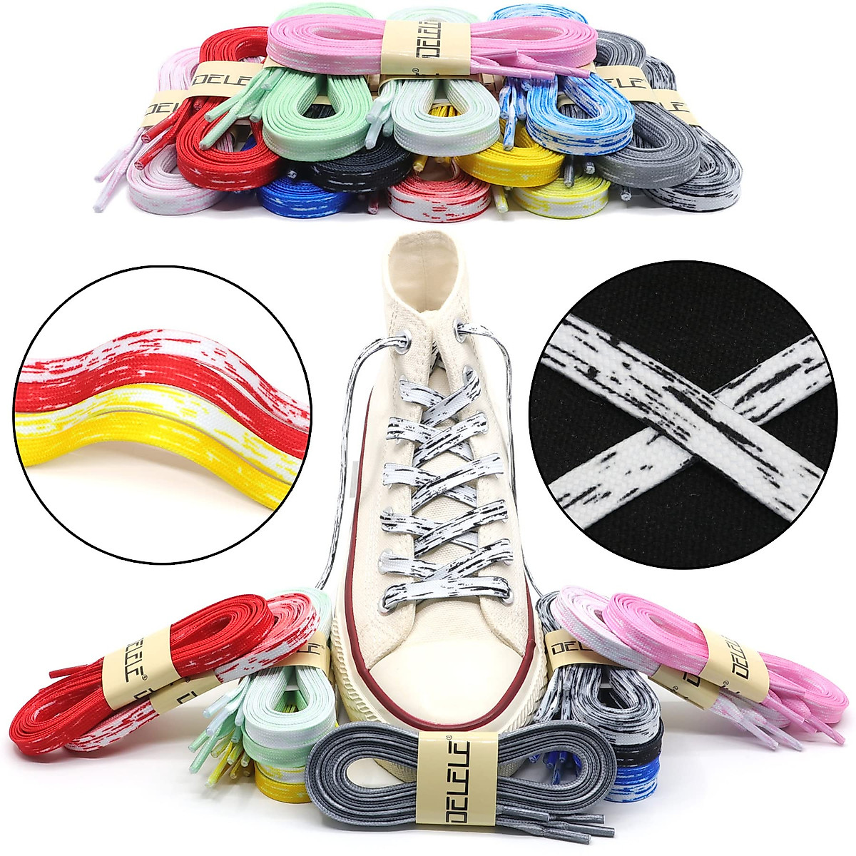 DELELE Flat Graffiti Shoe Laces: White Black Art Print Sneakers Shoelaces 2 Pair 47 inch