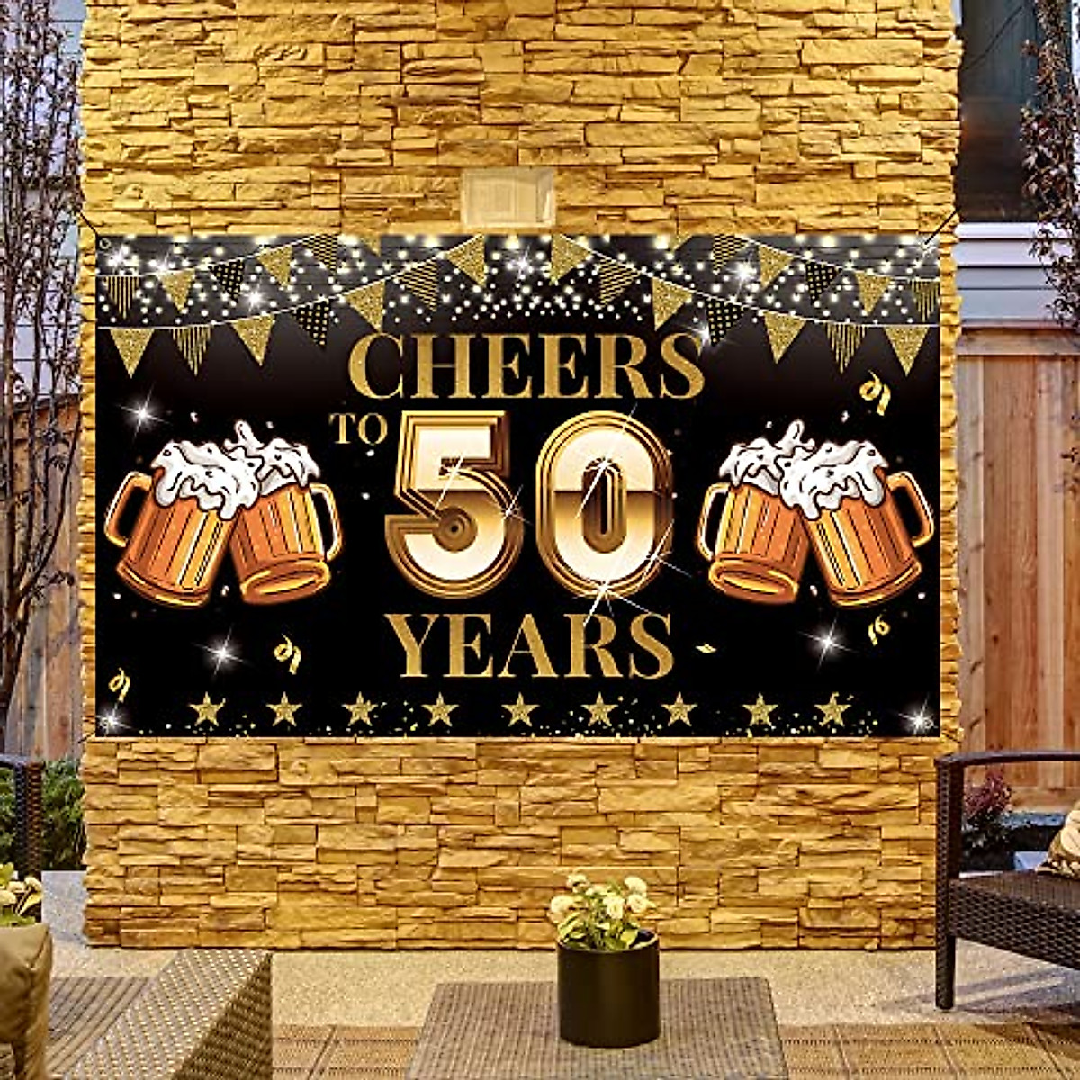Cheers to 50 Years Backdrop Banner, Happy 50th Birthday Decorations for Men Women, 50th Anniversary Decorations, 50th Reunion, Black Gold 50 Years Celebration Party Decor, Vicycaty (6.1ft x 3.6ft）