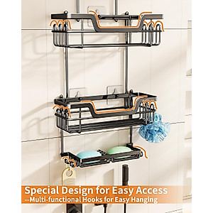 SWTYMIKI 3 Tier Rustproof Hanging Shower Caddy with 16 Hooks & Dual Soap Holder, Large Capacity Over Shower Organizer for Bathroom Shower Room, Black