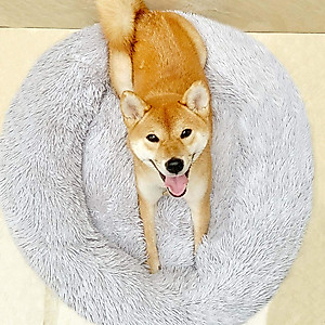 BODISEINT Faux Fur Dog Bed Cat Bed,Shag Round Anti-Anxiety Pet Calming Bed Doughnut Cuddler for Medium Large Puppy Dog Cat Kennel Cushion Self Warming Bed (28'' D x 8" H, Light Grey)
