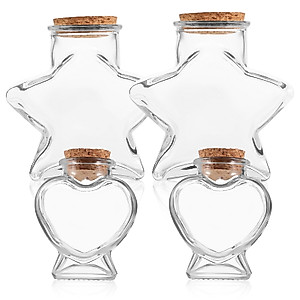 Luxshiny Glass Cork Bottle 4 Pcs Small Glass Jars with Cork Lids Heart and Star Shaped Candy Jars Cookie Jars Clear Storage Container Jars Wishing Bottles Drift Bottles Glass Lucky Bottle