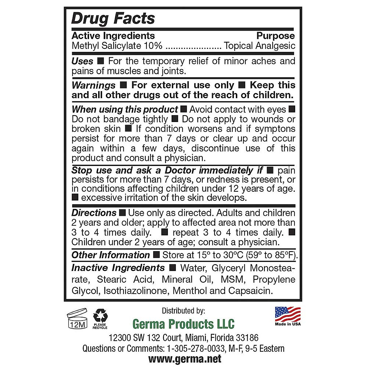 Germa Liniment Udder Plus. Natural Topical Analgesic Ointment. Relief for Pain and Aches in Joints and Back. With Chile Extract. 6 oz