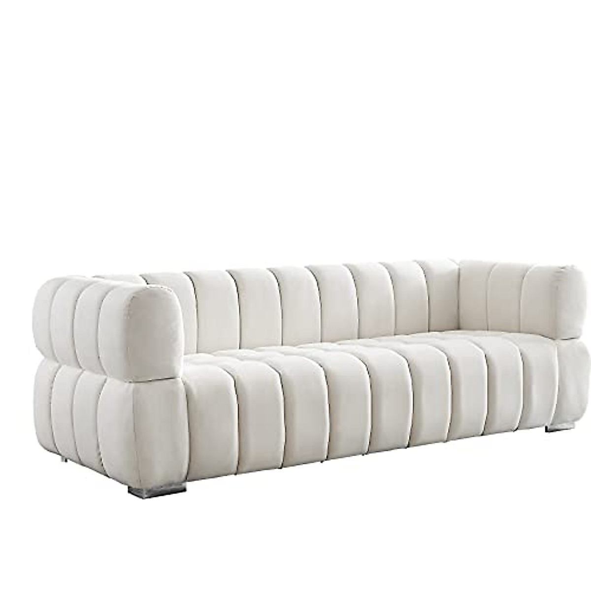 Meridian Furniture Gwen Collection Velvet Upholstered Sofa with Deep Biscuit Tufting, Cream