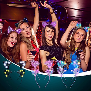 Juexica 12 Pcs Lace LED Ears Headband, Cat Ears Glow Light up Headband Pack for Women Girls, Halloween Party Accessories Favors, Black, White, Pink