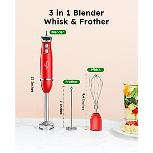 Sangcon Immersion Blender Handheld, 3-in-1 Hand Blender Electric, 400W Handheld Blender, Stainless Steel Blade Stick Blender with Whisk, Milk Frother Attachments - Red