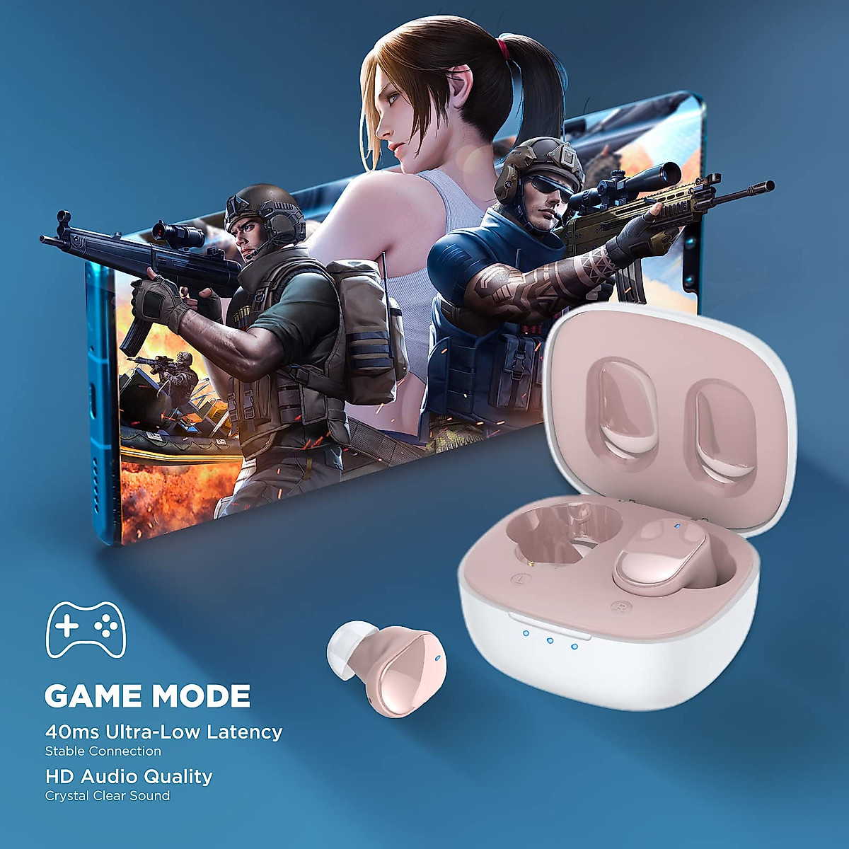 HTC True Wireless Earbuds 7 Bluetooth 5.3, Stereo Earphones 10mm Driver with Deep Bass, 40ms Ultra Low Latency for Gaming, Running - 22H Playtime/Touch Control/Game Modes/Built-in Mic - Pink