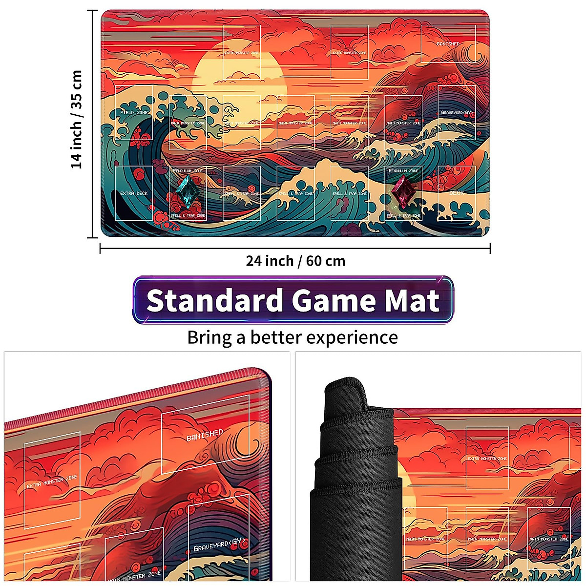Playmat for OCG, Game Play Mat for TCG CCG 24 x 14 inch with Non-Slip Rubber Base and Stitched for Board Games and Table Magic, Orange Waves