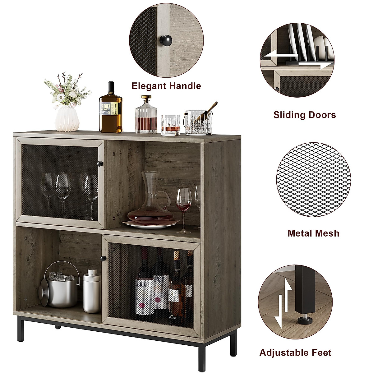 IDEALHOUSE Coffee Bar Cabinet, Farmhouse Sideboard Buffet Cabinet with Storage, Wine Liquor Bar Cabinet with Metal Sliding Door, Wood Accent Cabinet for Kitchen, Dining Room, Living Room, Grey