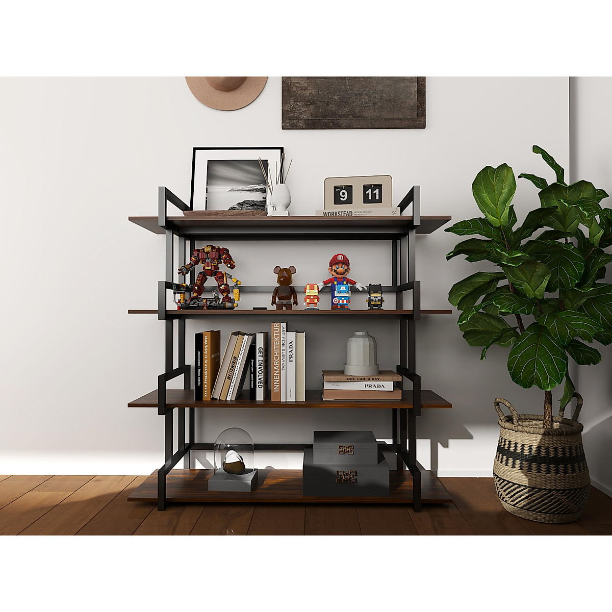 JOIN IRON 4-Tier Modern Industrial Ladder Bookshelf, Rustic Wood and Metal Shelving Unit with Ample Storage, Sturdy Display Rack for Home, Office, and Living Room Decor