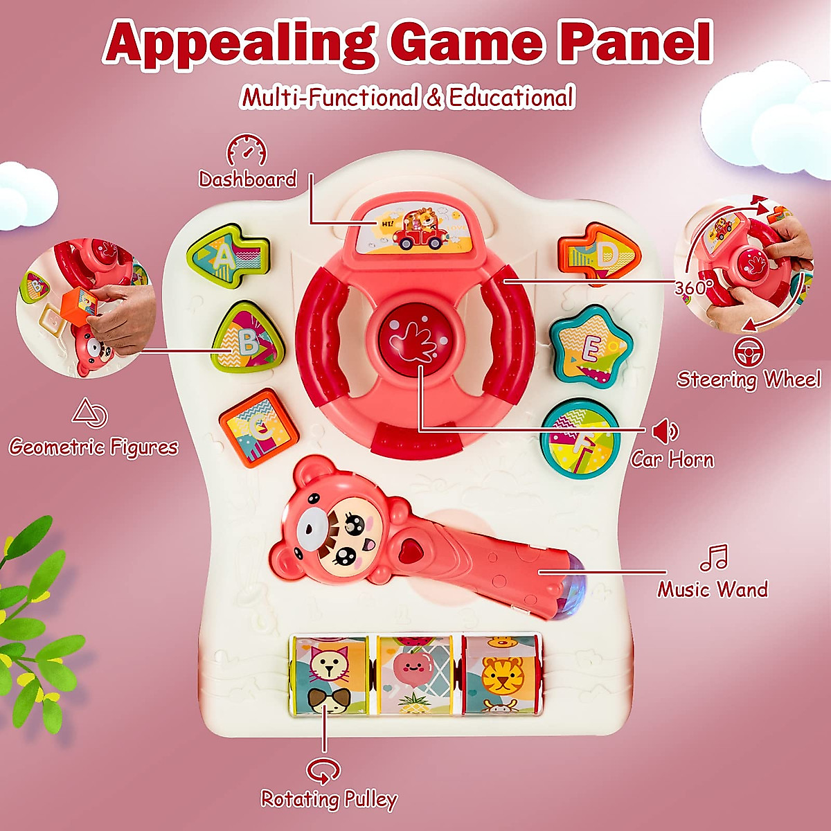 BABY JOY Sit to Stand Learning Walker, Baby Push Walker with Projector & Play Panel, Kids Early Education Activity Center with Lights & Sounds, Musical Walking Toys Gift for Toddler Boys Girls (Red)