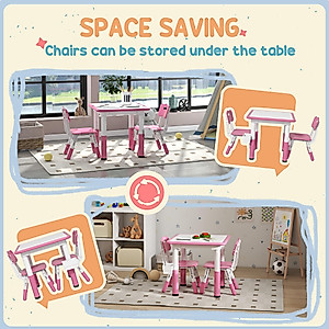 Qaba 3 Pieces Kids Table and Chairs, Height Adjustable Toddler Table and Chair Set with Storage, Easy to Wipe, Activity Table 2 Chairs for Classroom, for Daycare Classroom, 18 Months-5 Years, Pink