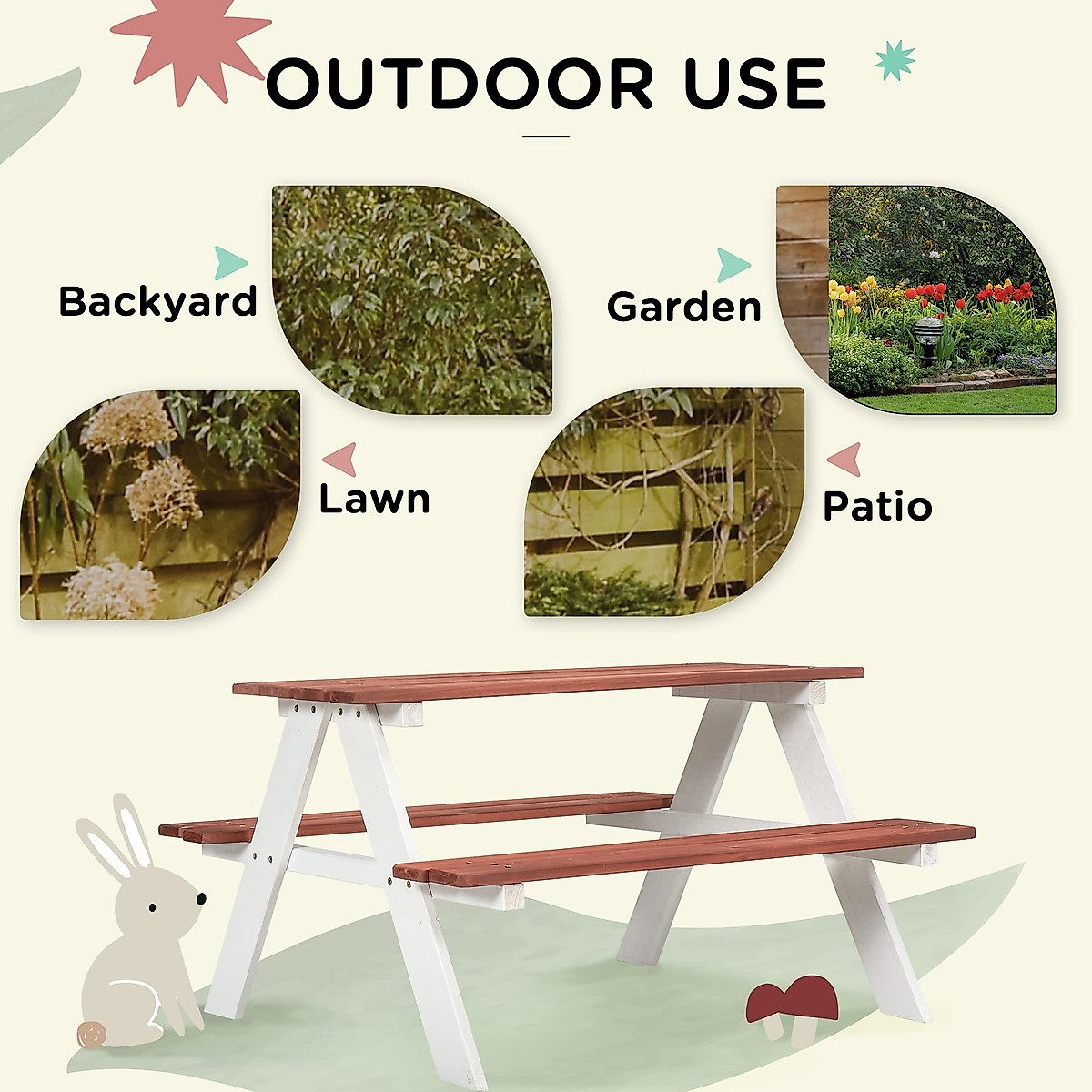 Outsunny Kids Picnic Table Set, Wooden Table & Bench Set, Kids Patio Furniture Outdoor Toys for Garden, Backyard, Aged 3-8 Years Old, Brown