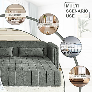 CALABASH 82.3" Queen Pull Out Couch Bed, 3 in 1 Convertible Sleeper Sofa Bed, Velvet 3-Seater Pullout Couch with 2 Storage Drawers for Living Room, Apartment, Small Space (Grey)