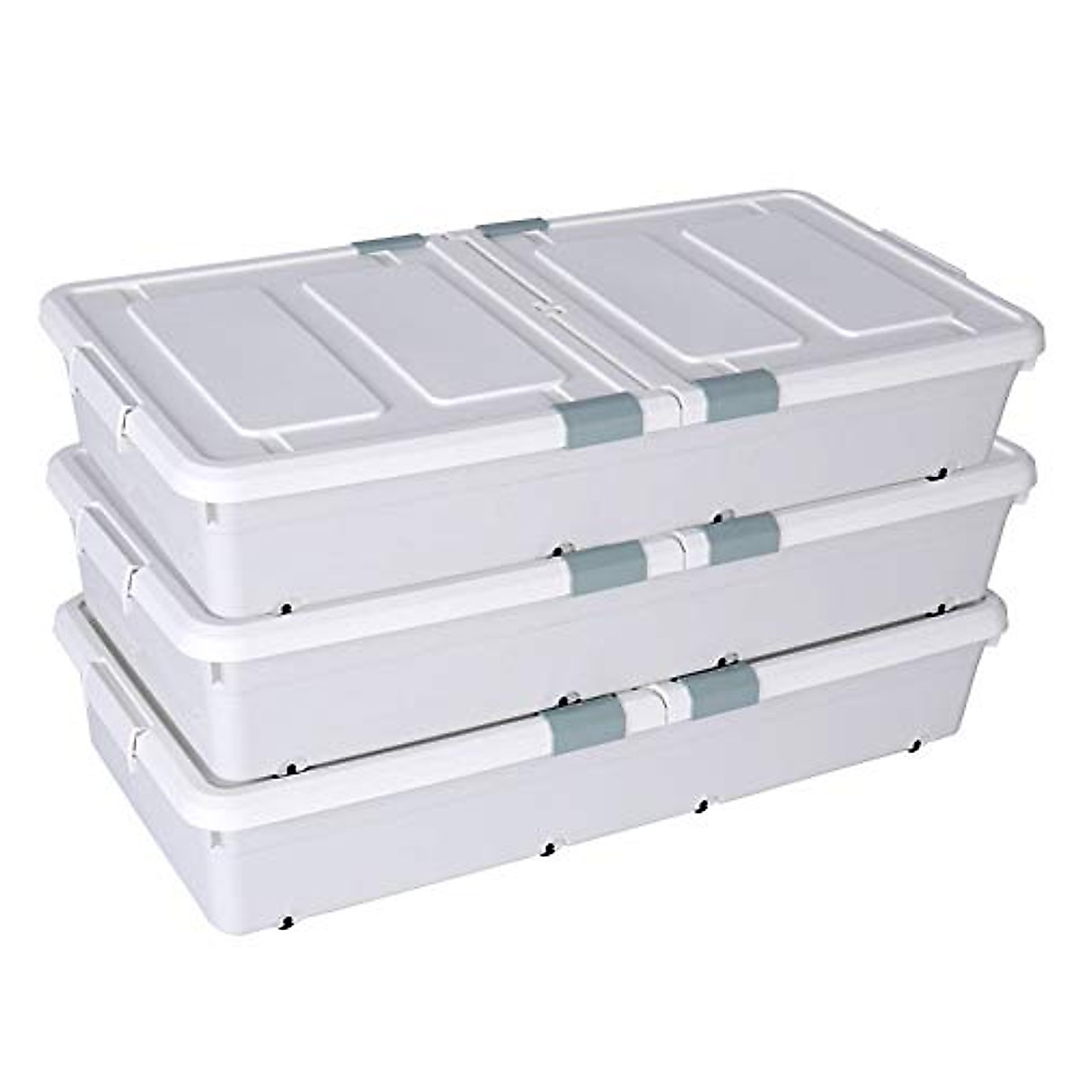 3 Pack Large Rolling Under Bed Storage Bin With Wheels, Sliding Underbed Plastic Containers With Lid Open From Both Sides. 37 x 19 x 7.3 inches