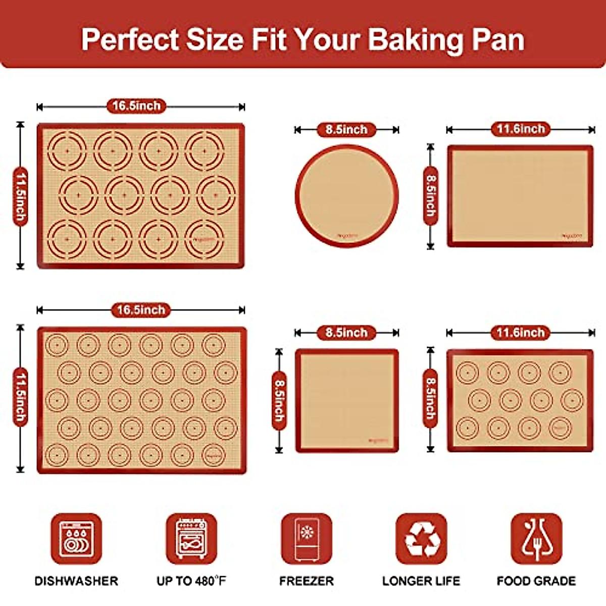 Silicone Baking Mat Set of 6, Easy Clean & Non-Stick Food Grade Reusable Baking Mat, Silicon Baking Mats Oven Liner Sheet, Round & Square Cake Mat, Pastry Board Rolling Dough Mats for Macaron Cookie