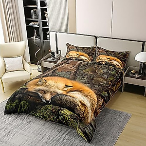 Fox 100% Cotton Duvet Cover Twin,Tree Branch Camo Bedding Set Jungle Wild Animal Woodland Hunting Comforter Cover for Boys Teen Men Rustic Farmhouse Bed Set Autumn Nature Camouflage Quilt Cover