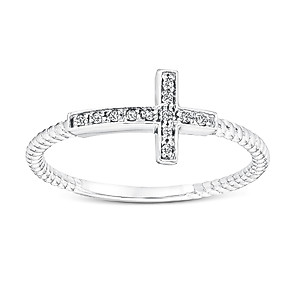 Savlano 18K White Gold Plated Round Cut Cubic Zirconia Sideways Cross Rope Band Ring Women Religious Ring (7)