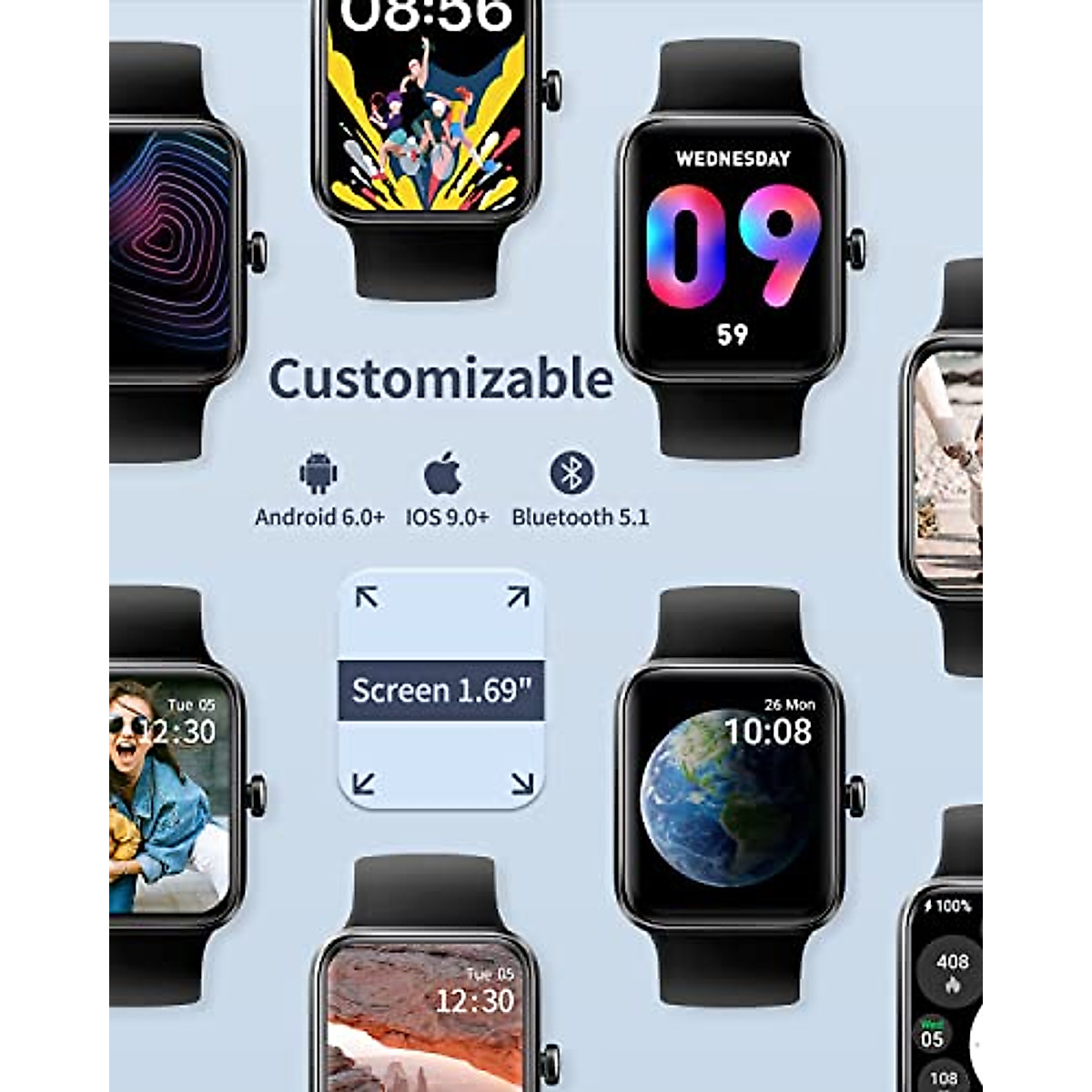 Smart Watch, Fitness Tracker with 24/7 Heart Rate Blood Oxygen Sleep Tracker, 5ATM Swimming Waterproof, Step Calorie Counter, 1.7" Touch creen Smartwatch for Men Women iPhone iOS Android