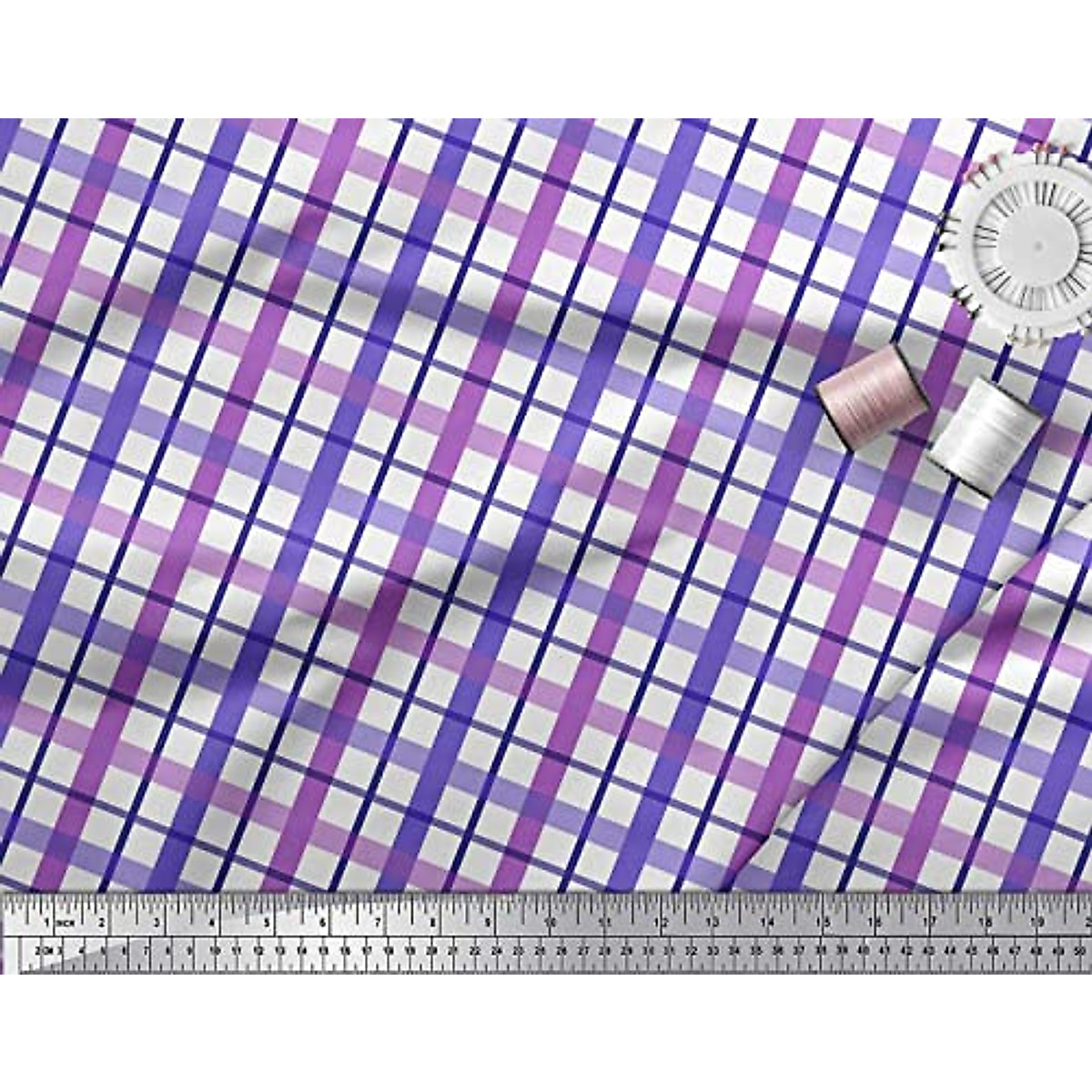 Soimoi Purple Cotton Canvas Fabric Window Pane Check Print Fabric by The Yard 56 Inch Wide