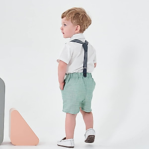 Volunboy Baby Boy Formal Short Set Toddler Summer Gentleman Outfit Kid Short Sleeve Bowtie Shirt Suspender Shorts Suit (White+Green, 2-3T)