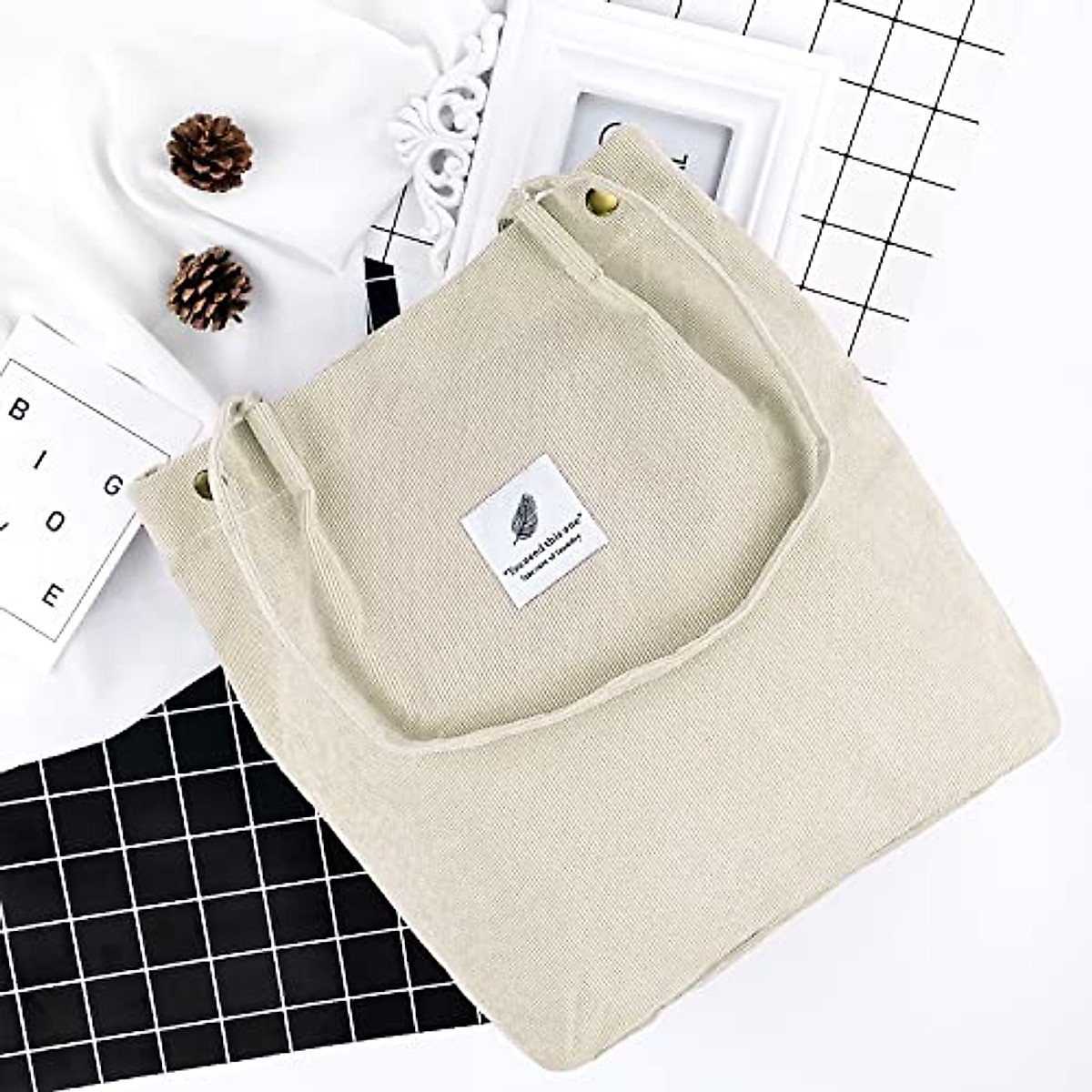 Ayieyill Corduroy Tote Bag for Women Canvas Shoulder Cord Purse with Inner Pocket（Beige）