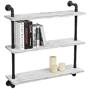 MyGift 3-Tier Wall Mounted Whitewashed Wood & Industrial Pipe Hanging Display Shelves for Living Room & Bedroom