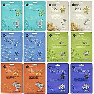 Celavi Essence Facial Face Mask Paper Sheet Korea Skin Care Moisturizing 12 Pack (Mix - 2 of Each)