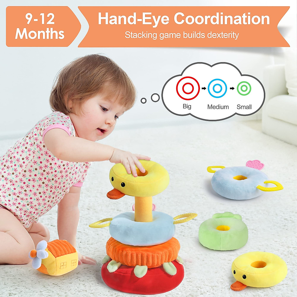 iPlay, iLearn Baby Plush Stacking Toys Set, Infant Soft Ring Stacker, Toddler Sensory Developmental Rattles, Newborn Duck Stuffed Animal, Birthday Easter Gift for 3 6 9 12 18 Month 1 Year Old Boy Girl