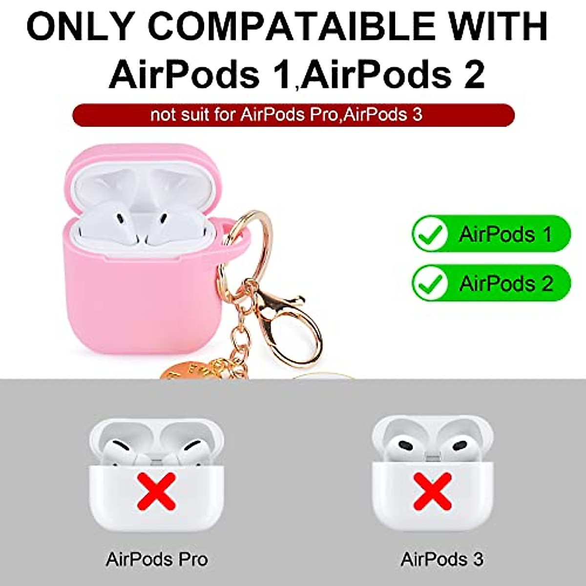 Pink Case Cover with Keychain for AirPods,Soft Silicone Protective Earphone Case Cover Compatible with Apple AirPods 1&2, AirPods 1st/2rd Generation Case with Cute Bling Keychain (Pink)