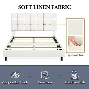 Yaheetech Queen Upholstered Bed Frame, Platform Bed Frame with Square Tufted Fabric Headboard Height Adjustable, Wooden Slats Support, No Box Spring Needed, Beige