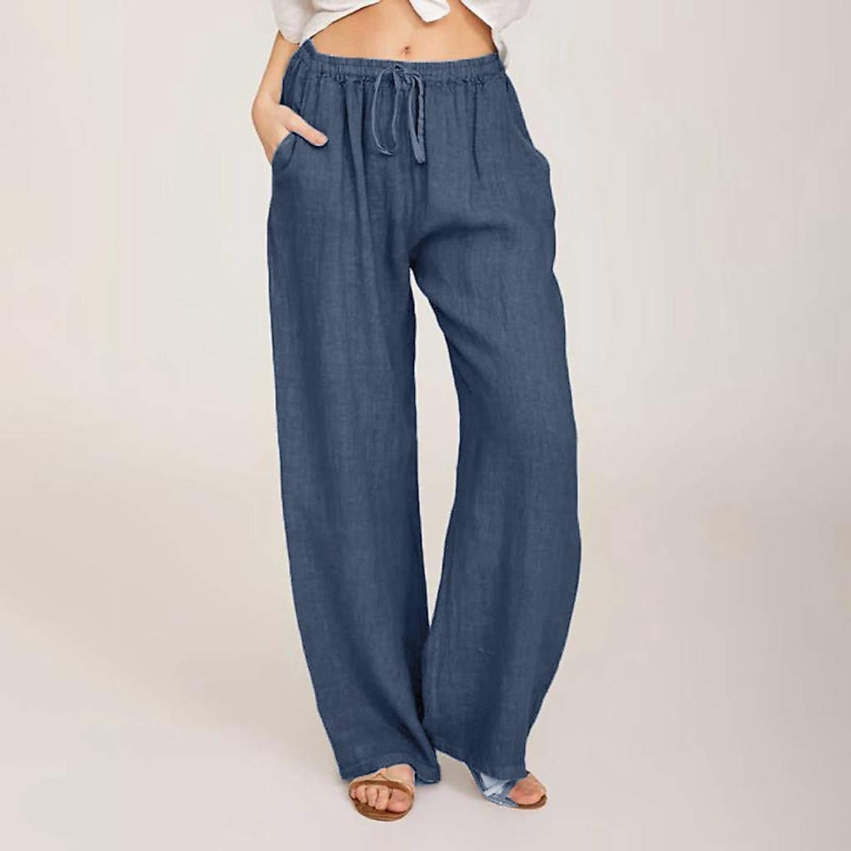 WABEOR Wide Leg Linen Pants for Women Plus Size Elastic Waist Casual Summer Loose Fit Beach Comfy Cotton Trousers, G-navy