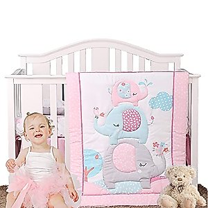 Luxanna Crib Bedding Set Pink Elephant 3 Pieces Baby Nursery Bedding Sets with Baby Comforter,Crib Fitted Sheet, Crib Skirt for Girls