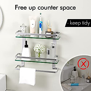 KES Bathroom Tempered Glass Shelf 2 Tier Storage Glass Shelf Rectangular with Bar Wall Mounted Sand Sprayed Anodized Aluminum Finish, A4127B