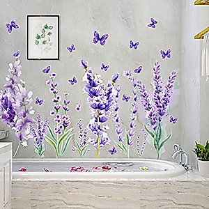 Removable Purple Lavender Wall Decals Purple Flowers Butterfly Wall Stickers DIY Removable Watercolor Floral Flowers Butterfly Wall Art Murals for Kids Girls Bedroom Living Room Nursery Office DT-6009