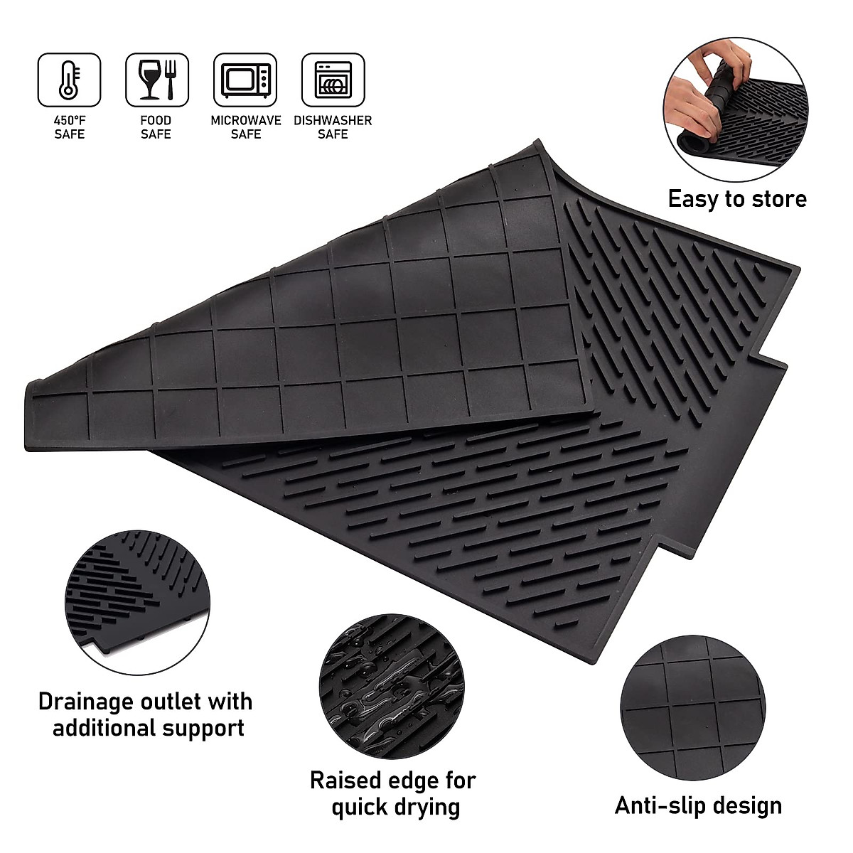 iArtker Silicone Dish Drying Mat with Drain Lip,17" x 13" Dish Drainer Mat for Kitchen Counter,Flexible Rubber Dish Draining Mat, Non-Slip Heat & Cold Resistant, Dish Washer Safe,Black