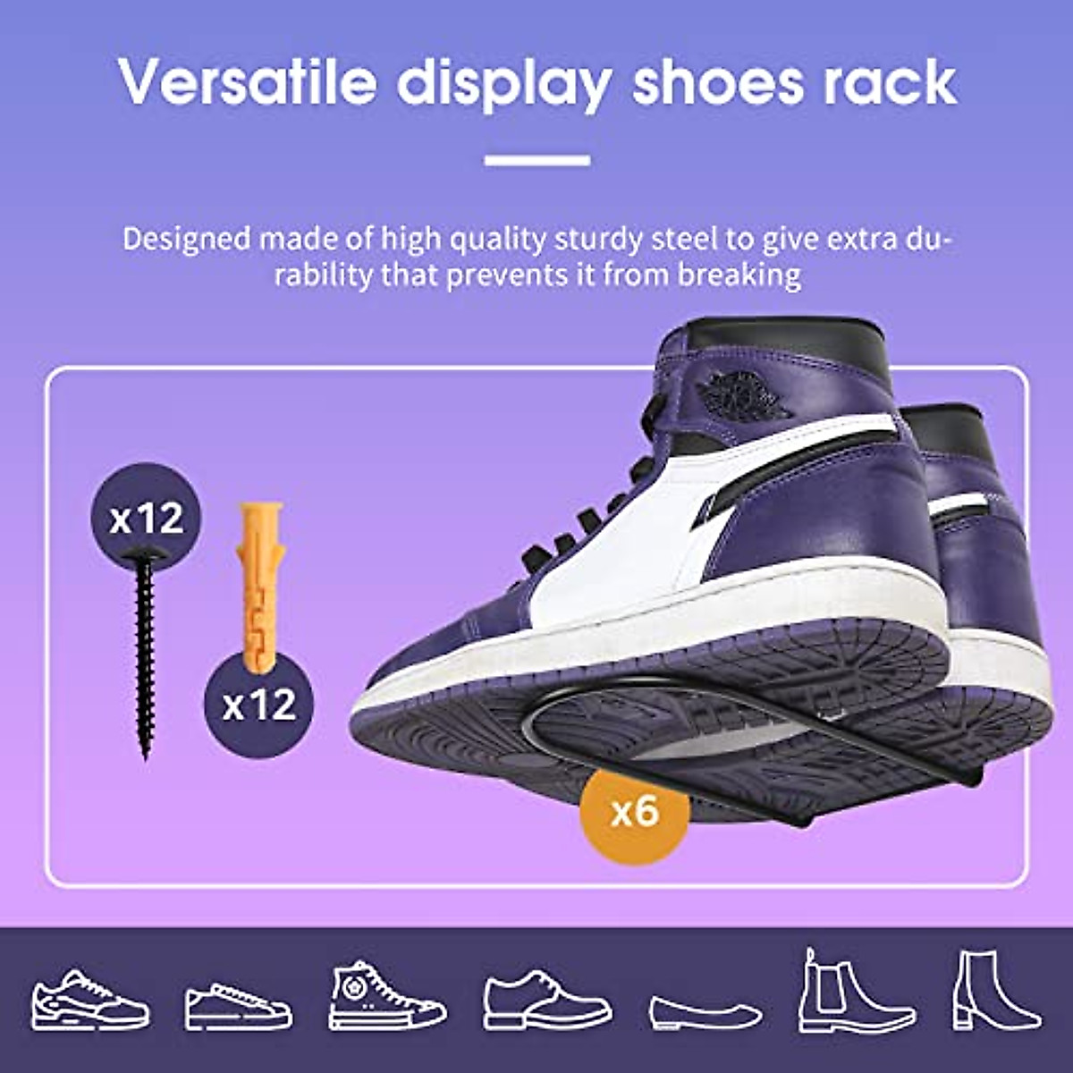 J JACKCUBE DESIGN Black Metal Floating Shoe Display Shelves for Wall Mount, Set of 6 Sneaker Showcase Organizer Rack Display -MK1068A