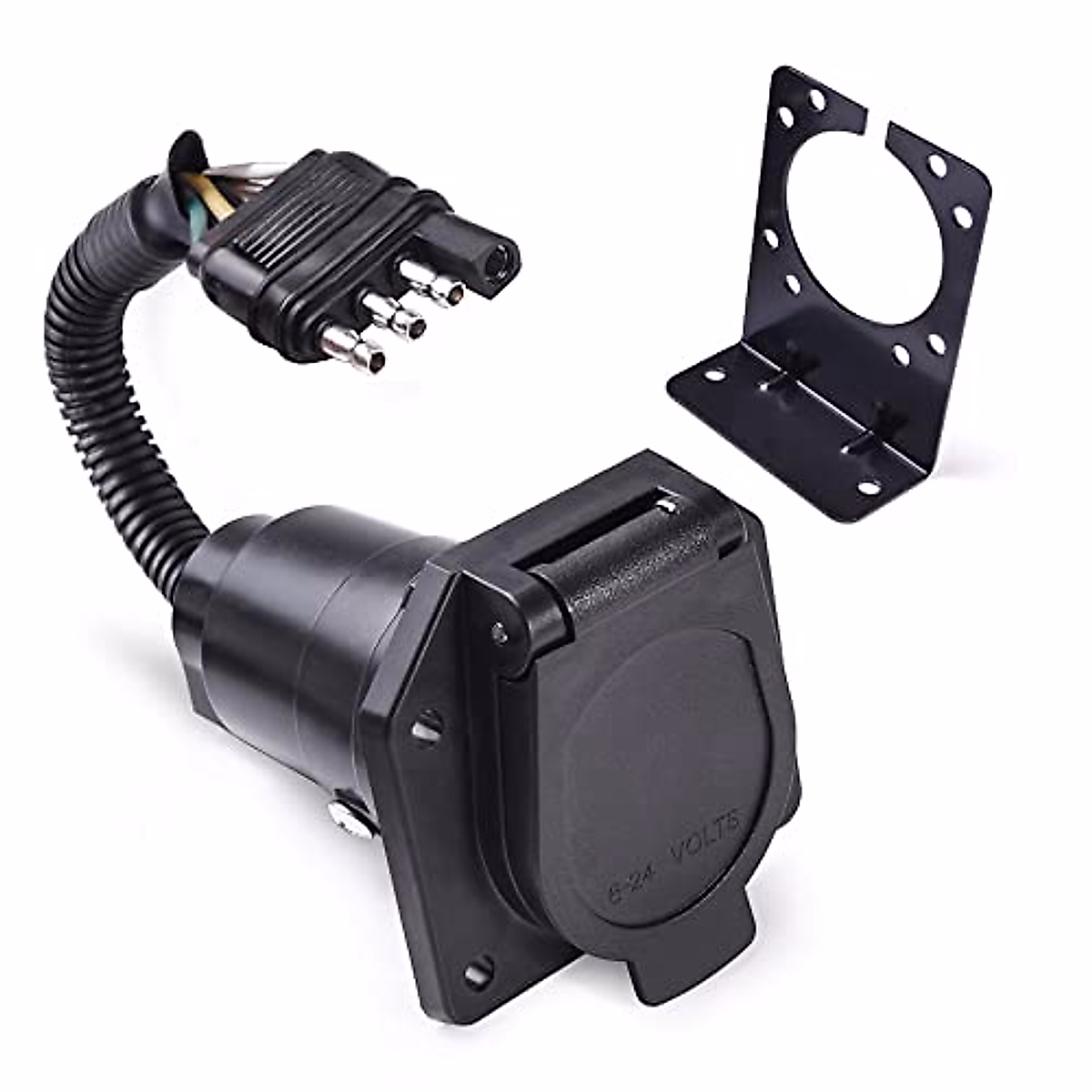 SnowyFox 4 Flat to 7 Way Round Trailer Light Adapter Plug 6-24V for Trailer RV Boat Car with Mounting Bracket