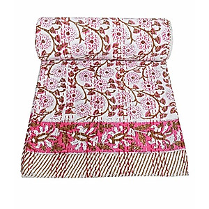 Maviss Homes Beautiful Indian Traditional Patchwork Super Soft Cotton Double Kantha Quilt | Throw Blanket Bedspreads | Cozy Blanket Quilt | Easy Machine Washable and Dryable; Red